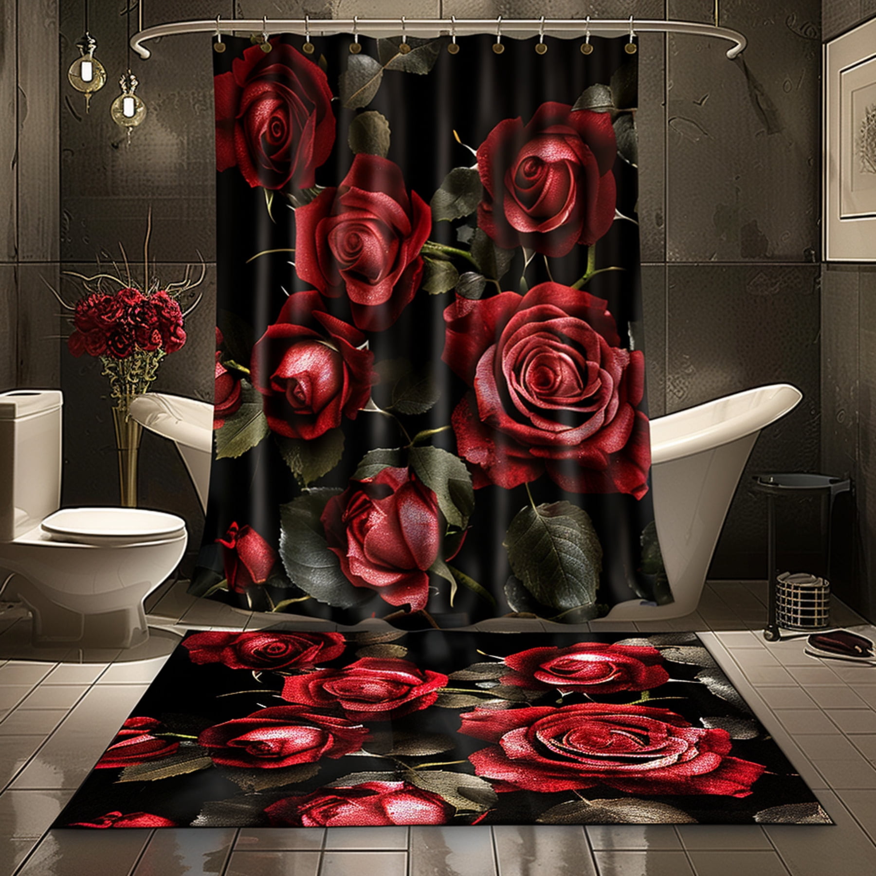 Black and Red Rose Flower Shower Curtain Hyperrealistic Style Bathroom ...