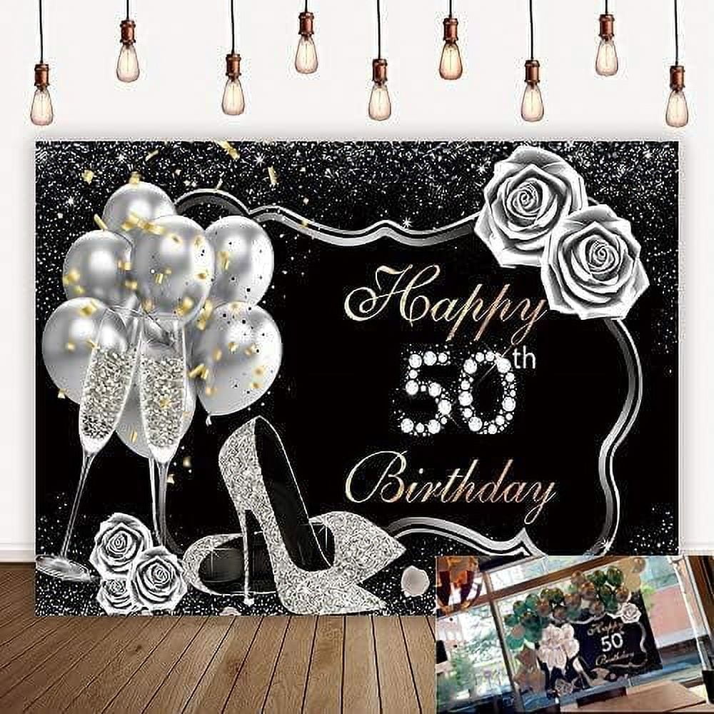 Black and Silver 50th Birthday Backdrop High Heel Rose Happy Birthday ...