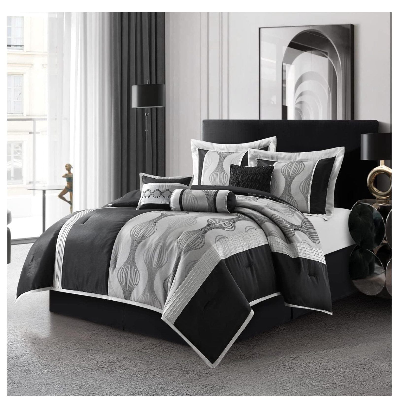 Black and Silver Comforter Set King Size, 7 Pieces Bedding & Collection ...