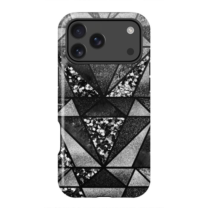 Black and Silver Glitter Sparkle Triangles Pattern for iPhone 17 16 15 ...