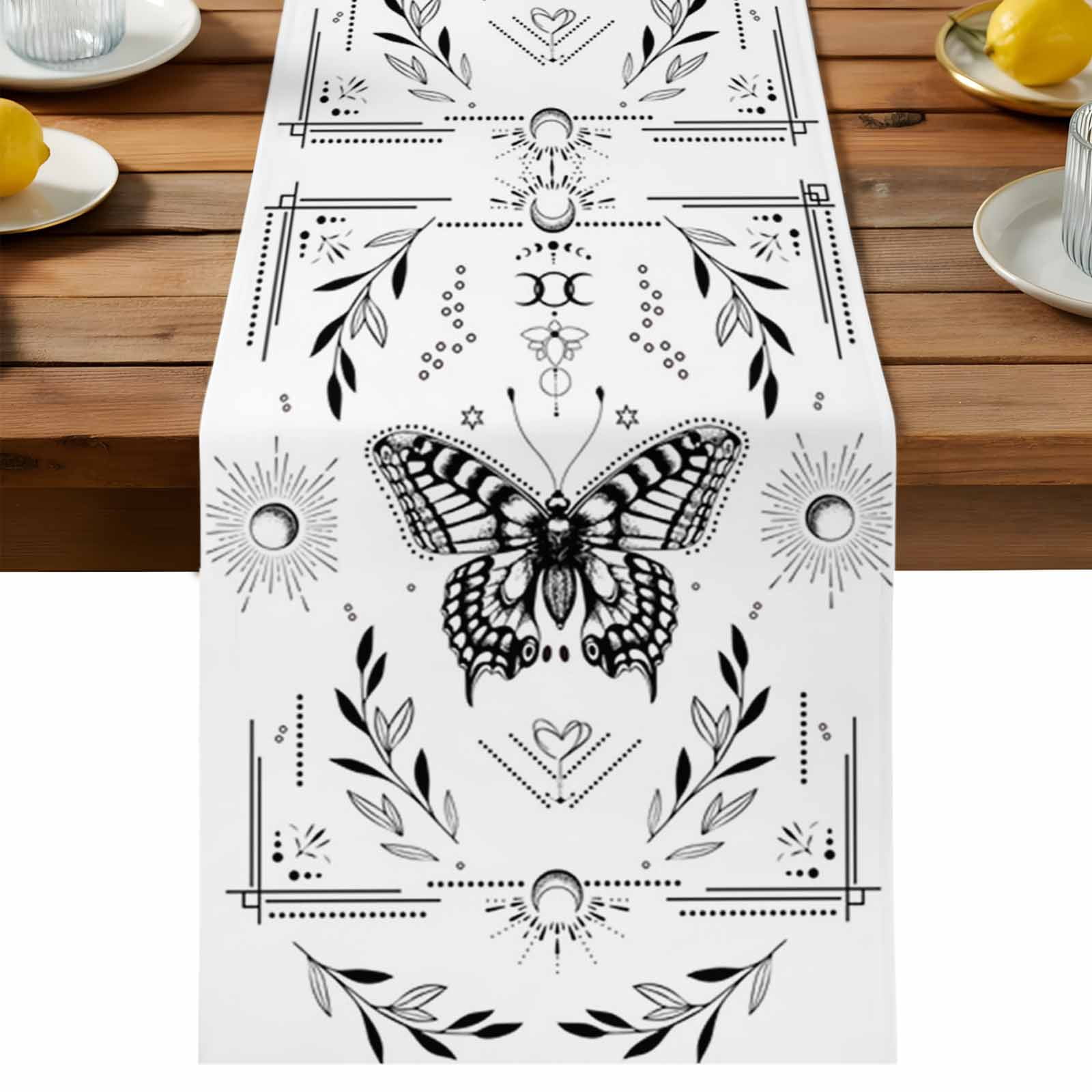 Black and Table Runner, White Frame Butterfly Sun Moon Cotton Linen ...