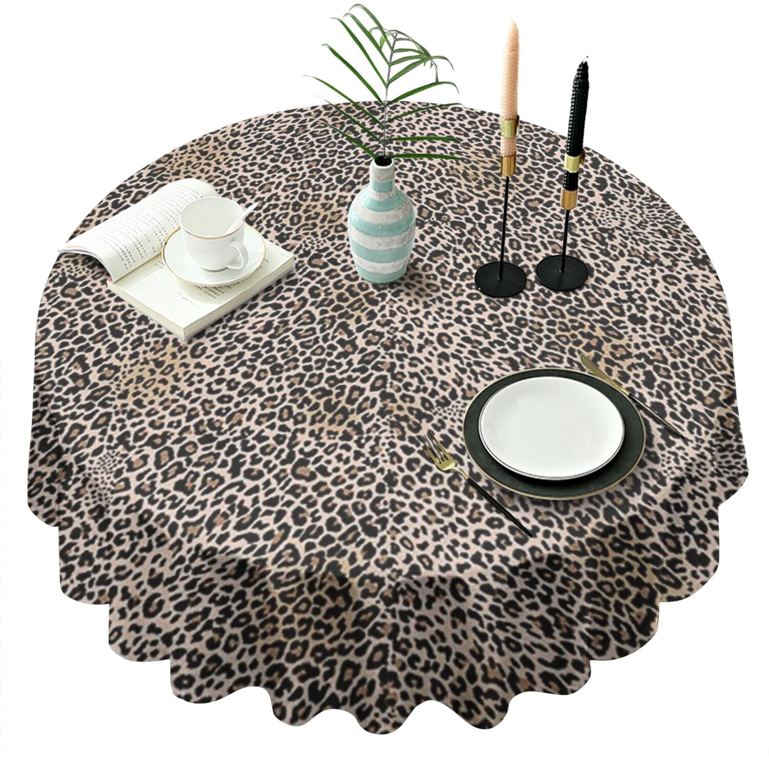 Black and Tan Leopard Print Round Tablecloth 60"x60",Wrinkle Wipeable ...