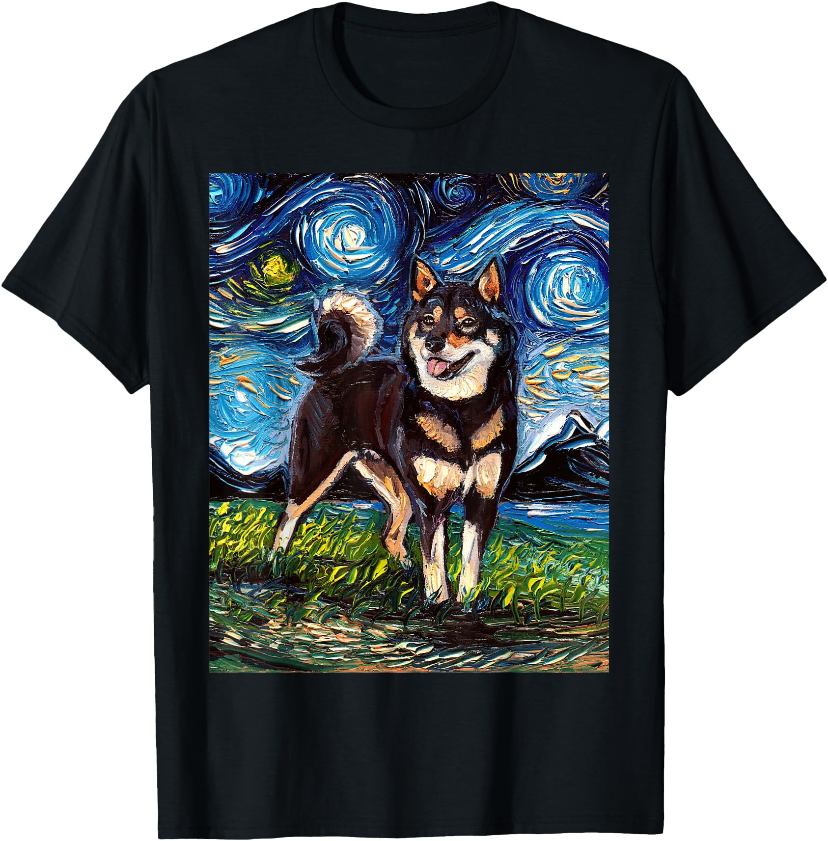 Black and Tan Shiba Inu Starry Night Cute Dog Art by Aja T-Shirt,Dark ...