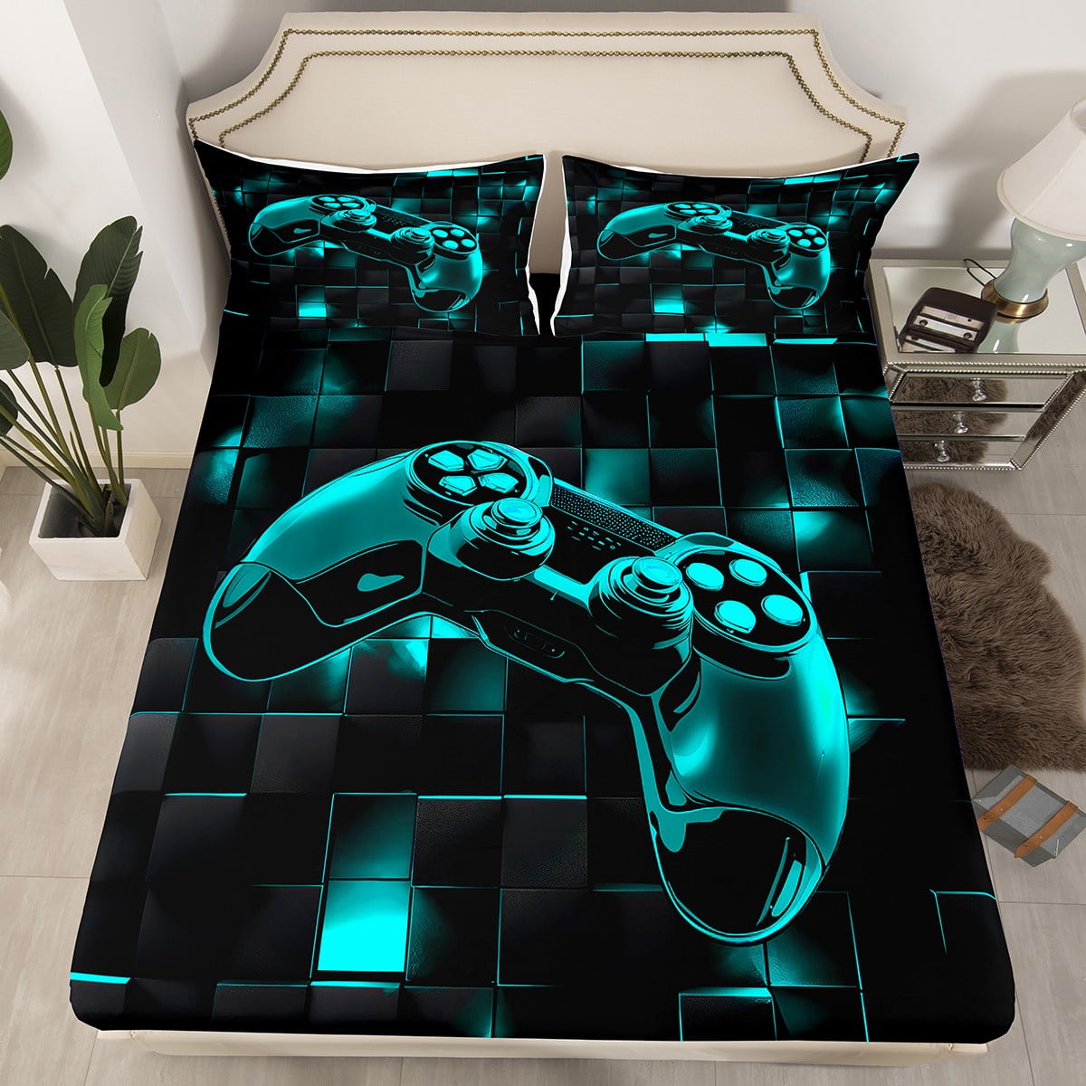 Black and Teal Fitted Sheet Full,Modern Geometric Gaming Bed Sheets ...