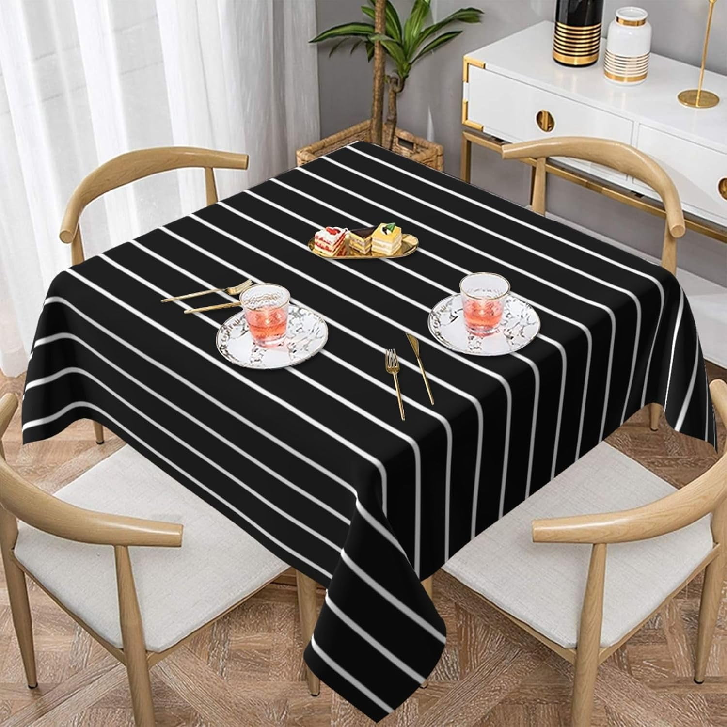 Black and Thin White Stripes Soft Tablecloth Square Dinng Table Covers ...