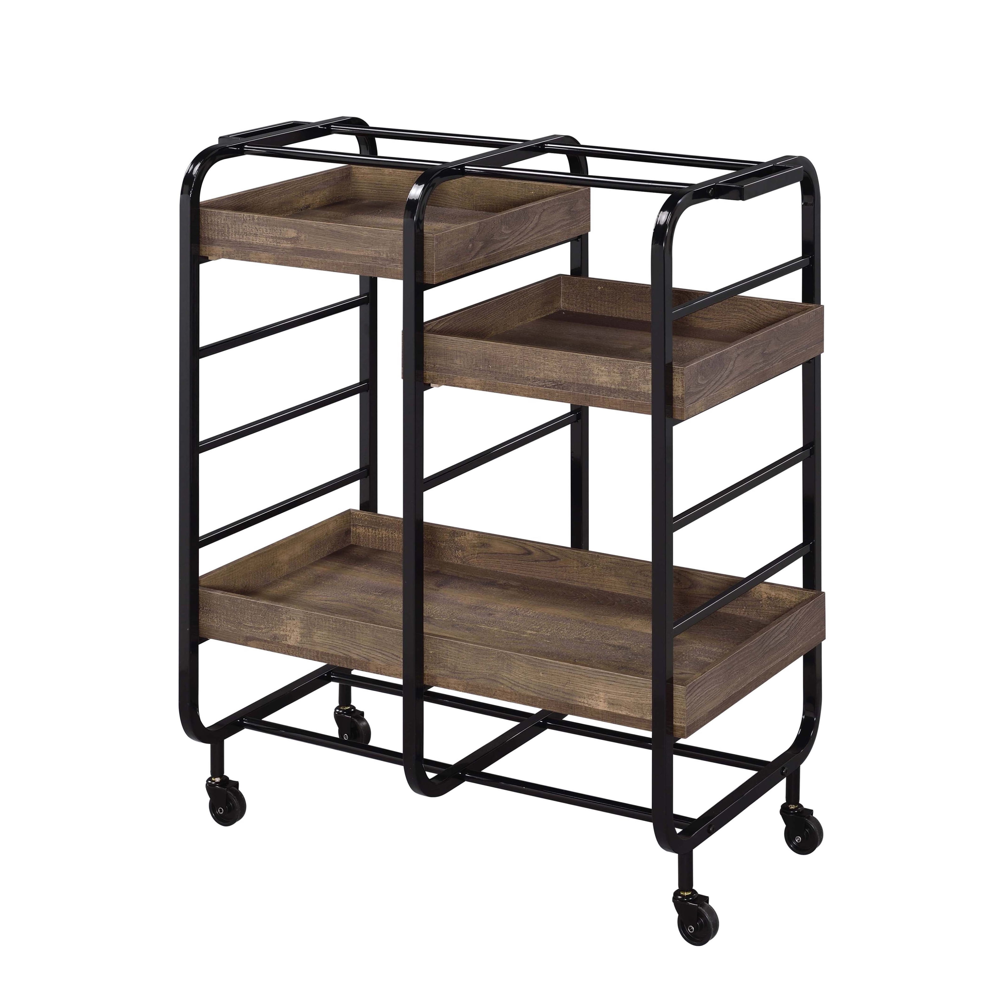 Black and Walnut Serving Cart with 3 Adjustable Trays Black+Brown ...