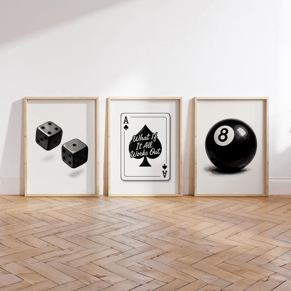 Black and White 8-Ball Dice Ace Game Room Decor Wall Art Aesthetic Set ...