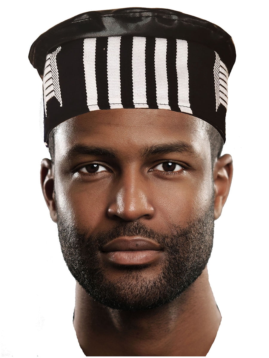 Black and White African Hand Woven Kente Kufi Hat with Faux Leather ...