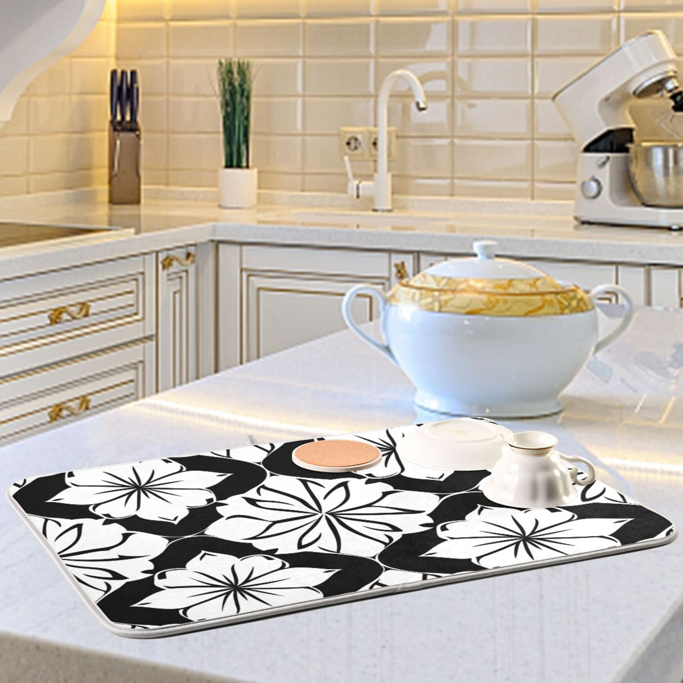 Black and White Art Flowers Dish Drying Mats for Kitchen Counter ...