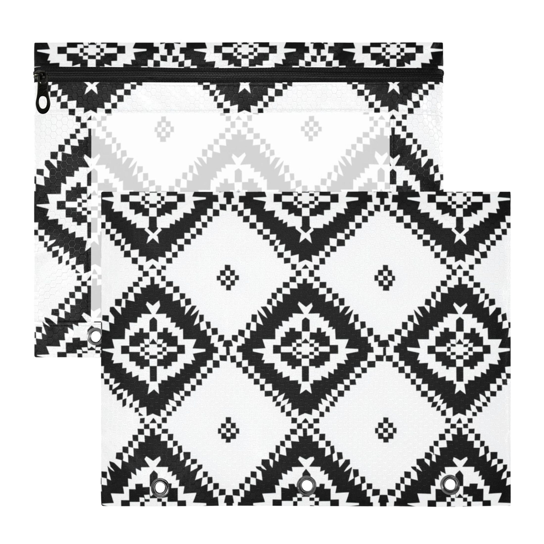 Black and White Art Squares 3-Ring Binder Pouches A4 Size Zipper Pocket ...