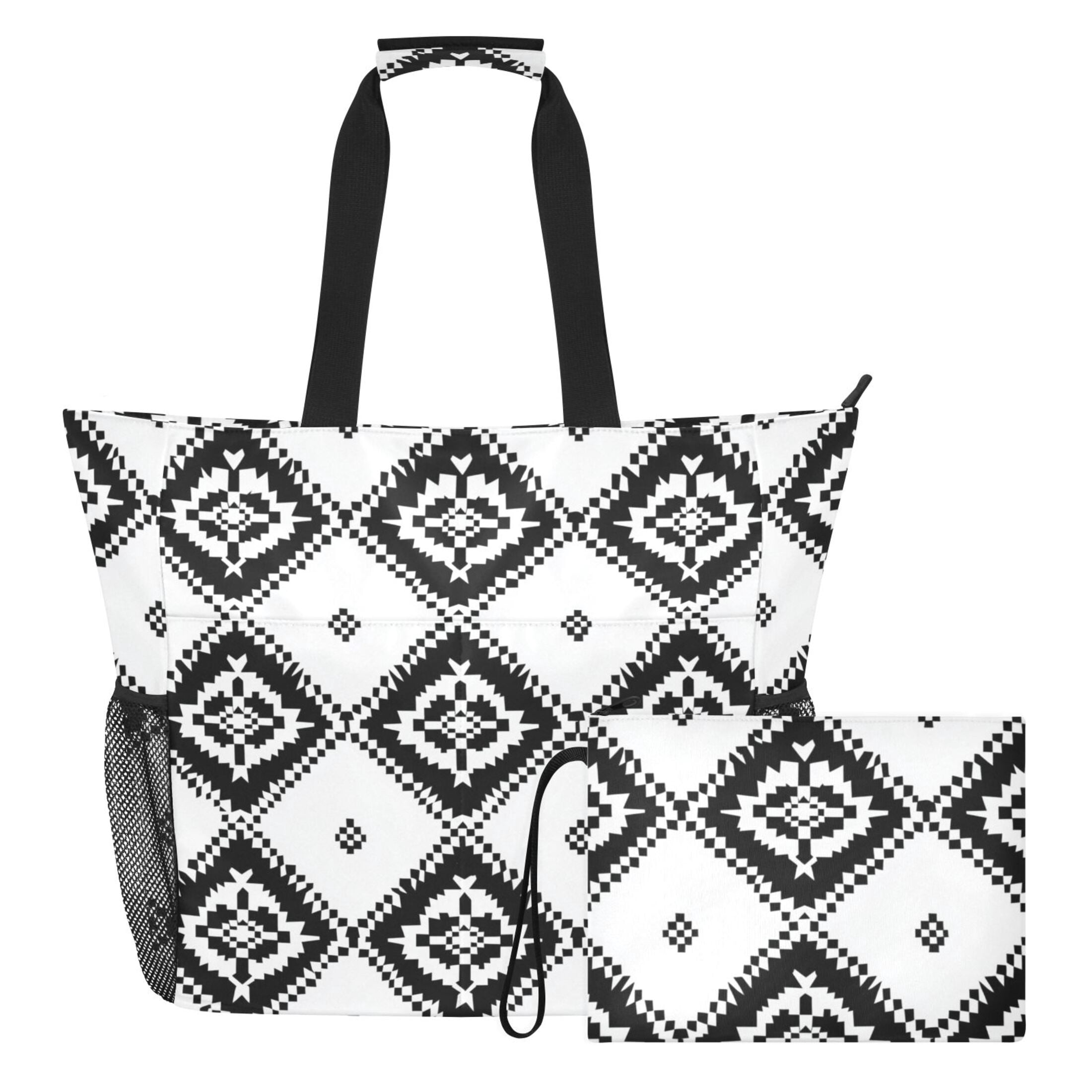 Black and White Art Squares Beach Bag Travel Tote Bag Reusable Shopping ...