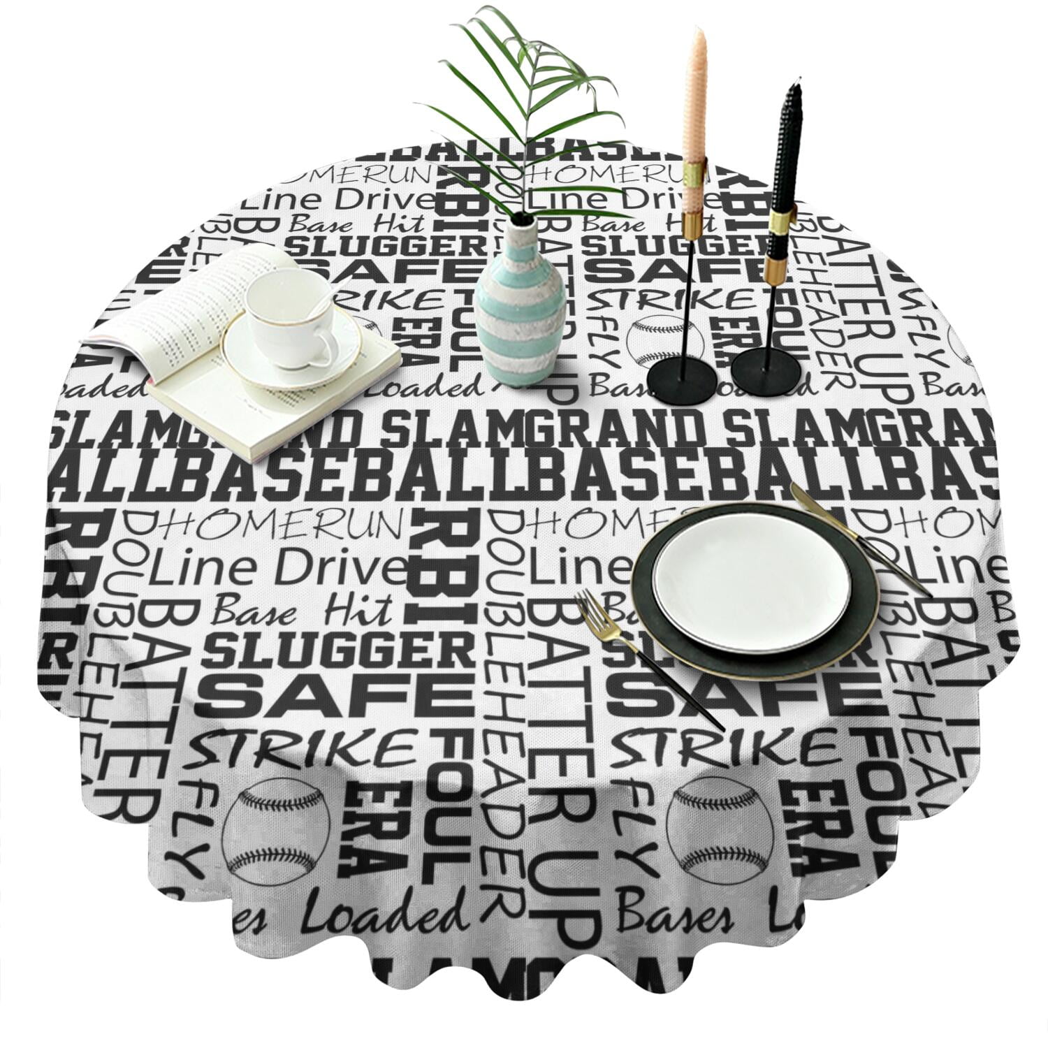 Black and White Baseball Words Pattern Round Tablecloth 60"x60",Wrinkle ...