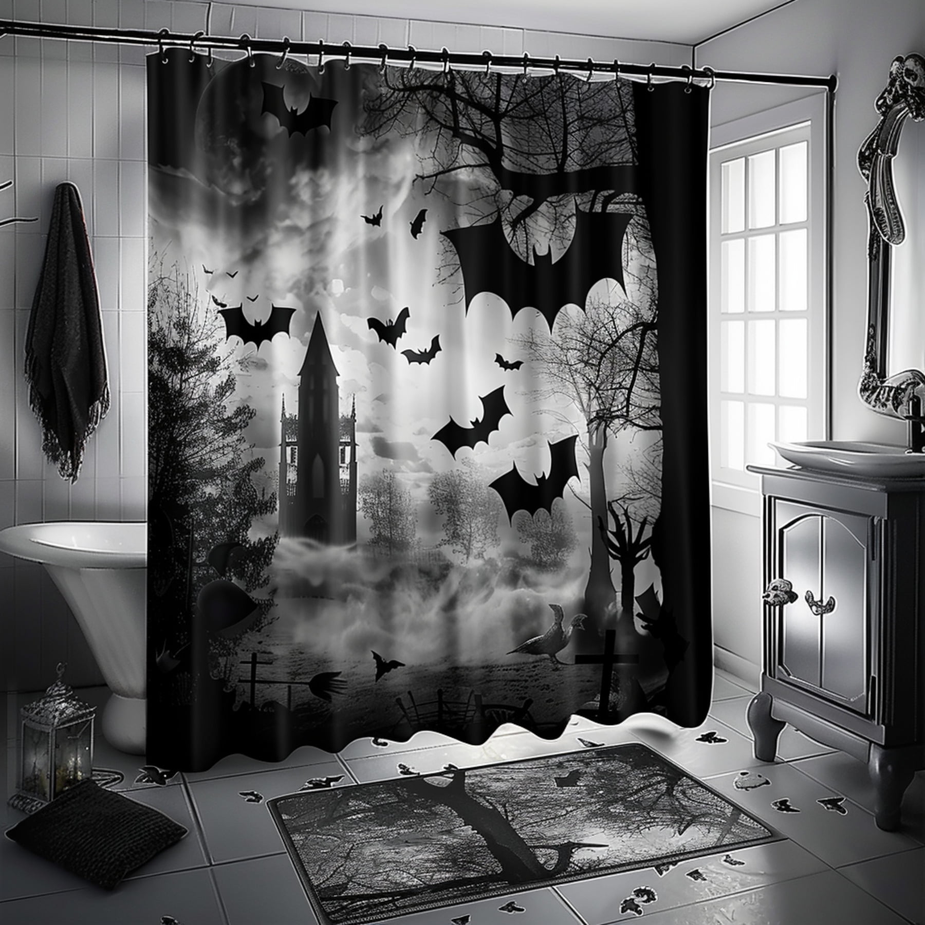 Black And White Batthemed Shower Curtain Gothic Bathroom Decor With