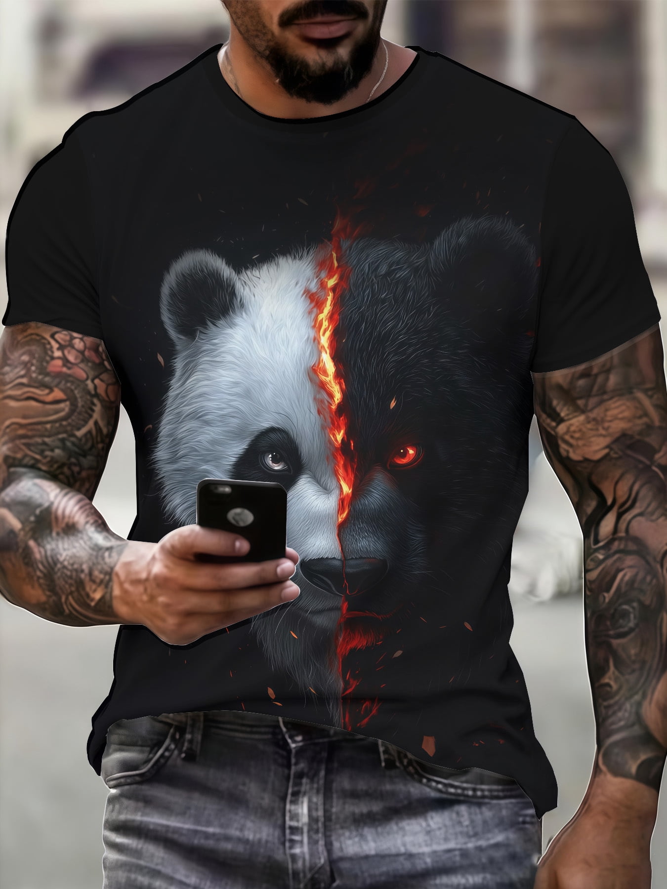 Black and White Bear Digital Printing Short Sleeve Trend Men's Summer ...
