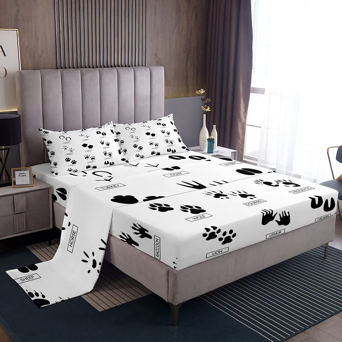 Black and White Bed Sheet Set Lovely Dog Paw Sheet Set Adults Bedroom ...