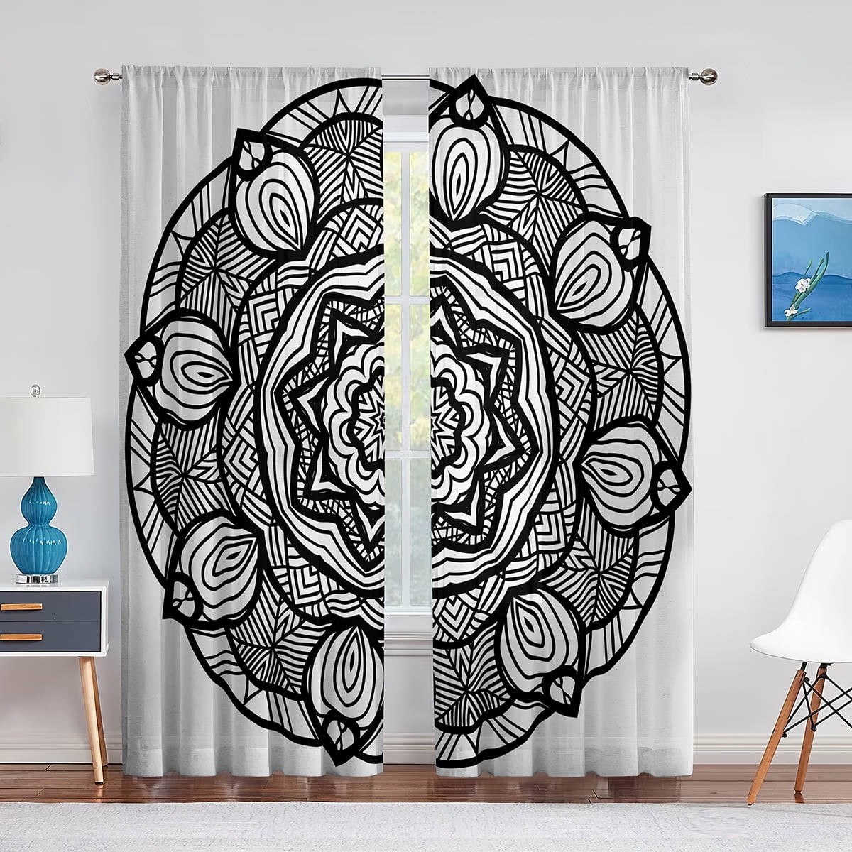 Black and White Boho Mandala Pattern Tulle Curtains for Living Room ...