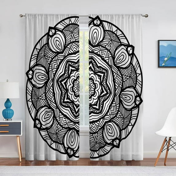 Black and White Boho Mandala Pattern Tulle Curtains for Living Room ...