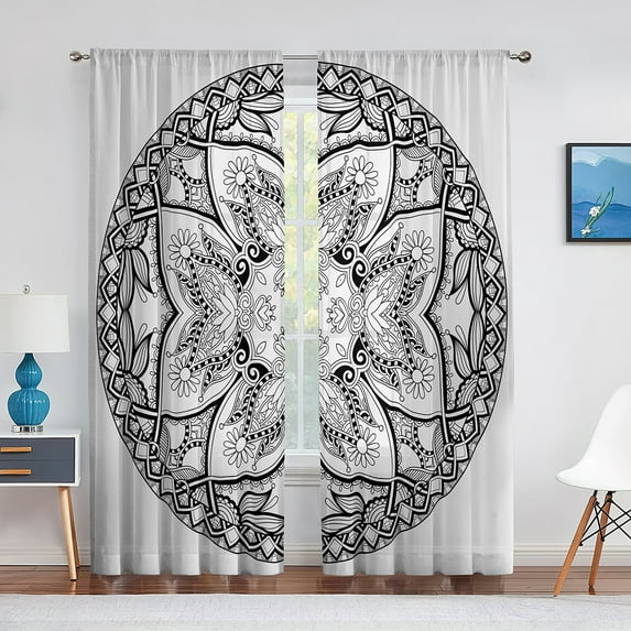 Black and White Boho Mandala Pattern Tulle Curtains for Living Room ...