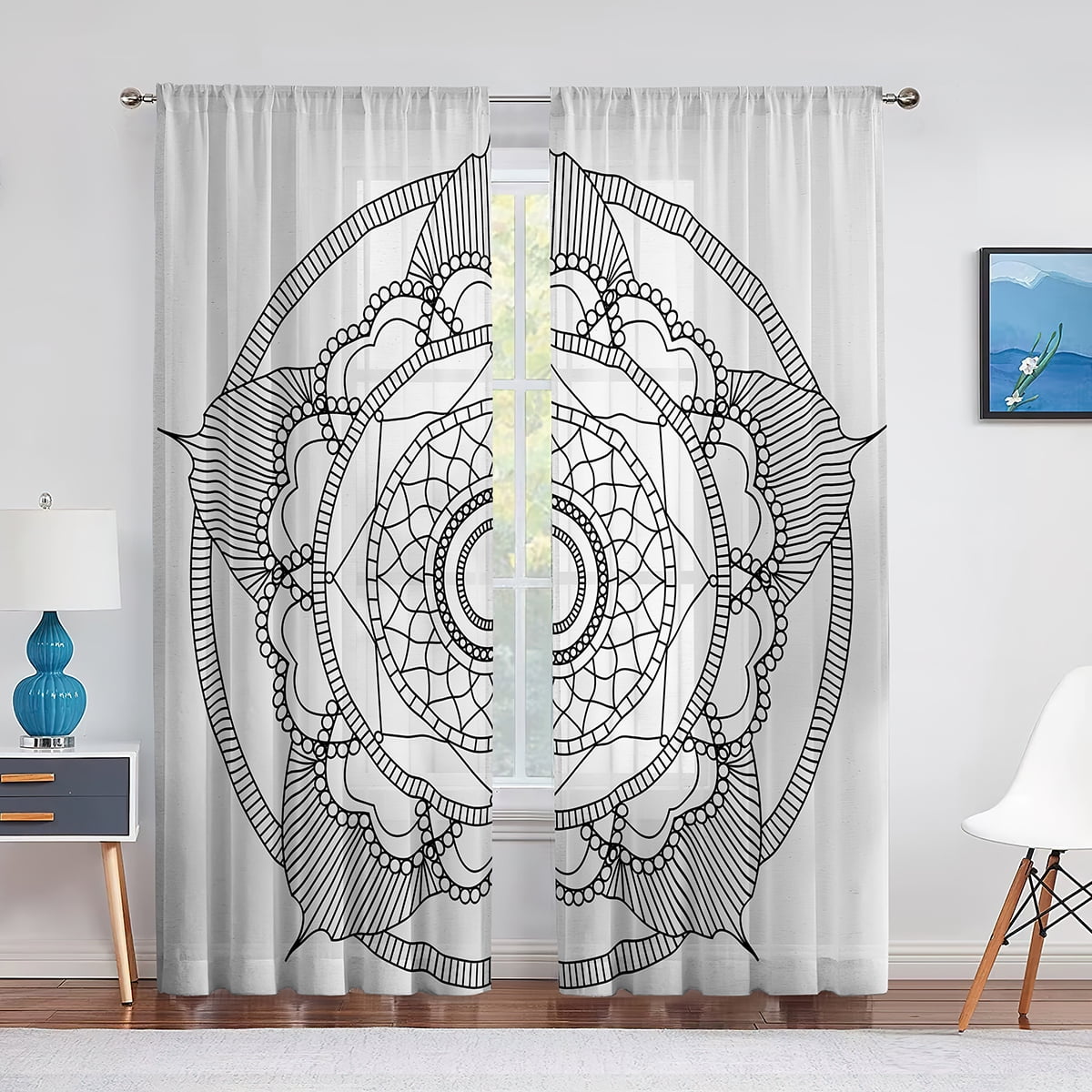 Black and White Boho Mandala Pattern Tulle Curtains for Living Room ...
