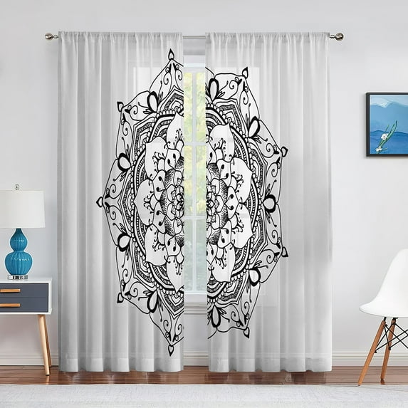 Black and White Boho Mandala Pattern Tulle Curtains for Living Room ...