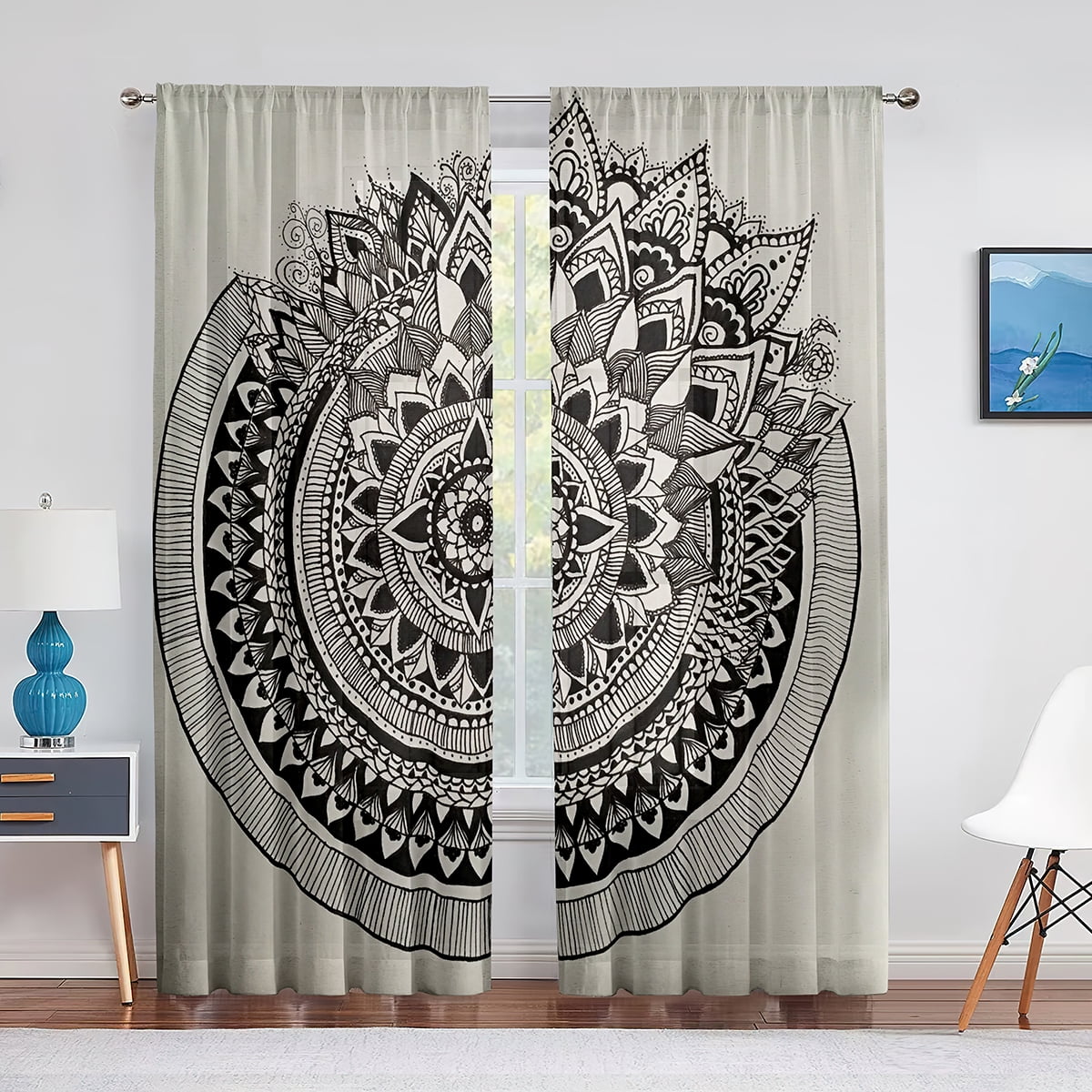 Black and White Boho Mandala Pattern Tulle Curtains for Living Room ...