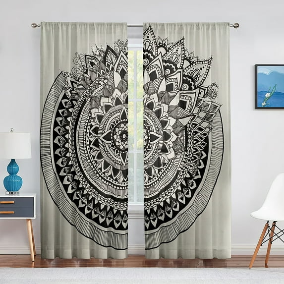 Black and White Boho Mandala Pattern Tulle Curtains for Living Room ...