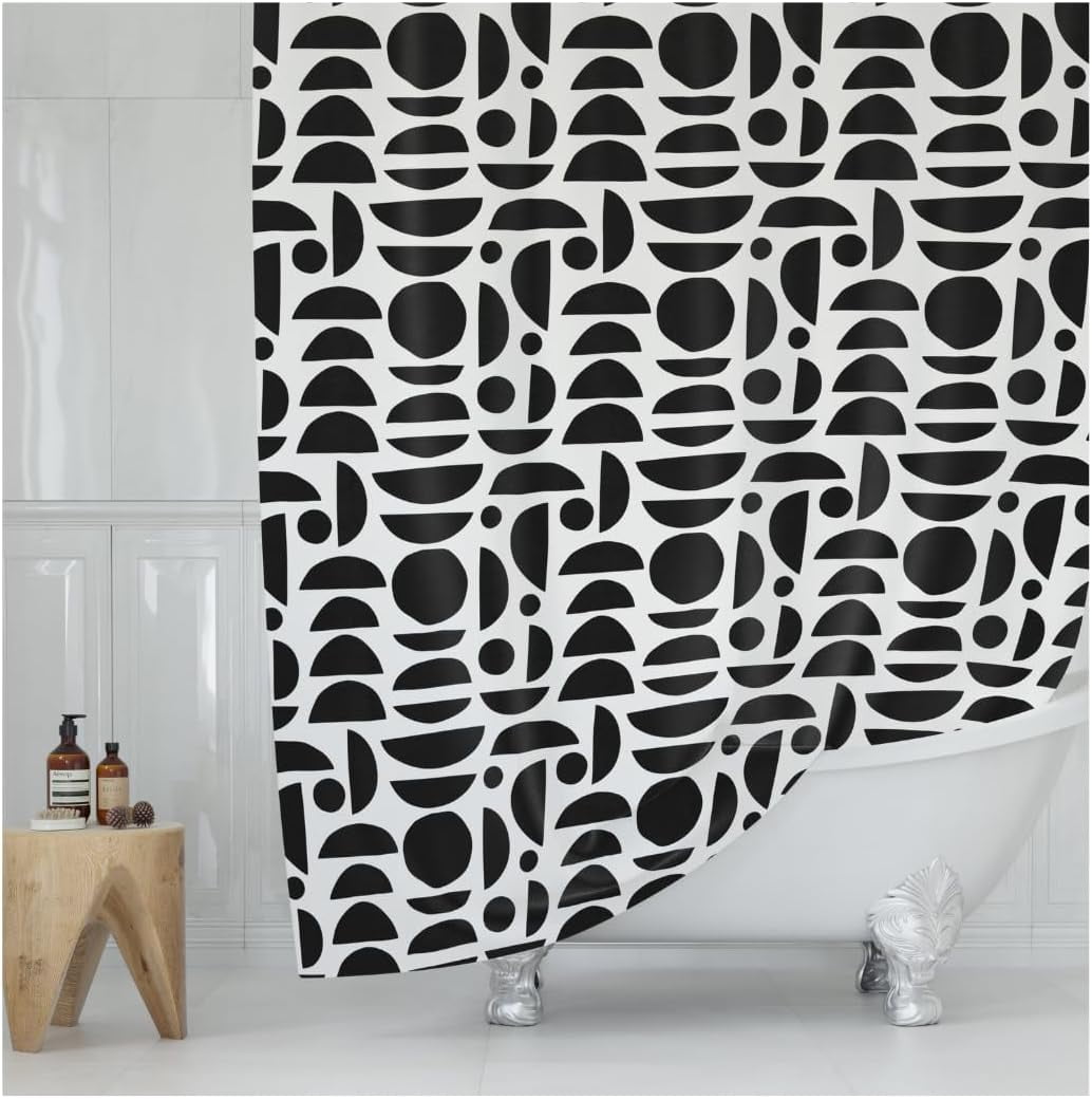 Black And White Boho Shower Curtain Modern Abstract Shapes Fabric