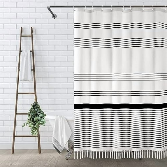 Black and White Boho Shower Curtain for Bathroom Stripe Tassel Shower ...