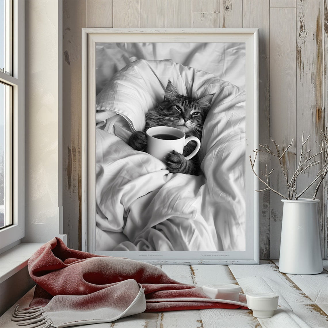 Black and White Cat Coffee Art Poster: Whimsical Bedroom Decor, Size ...