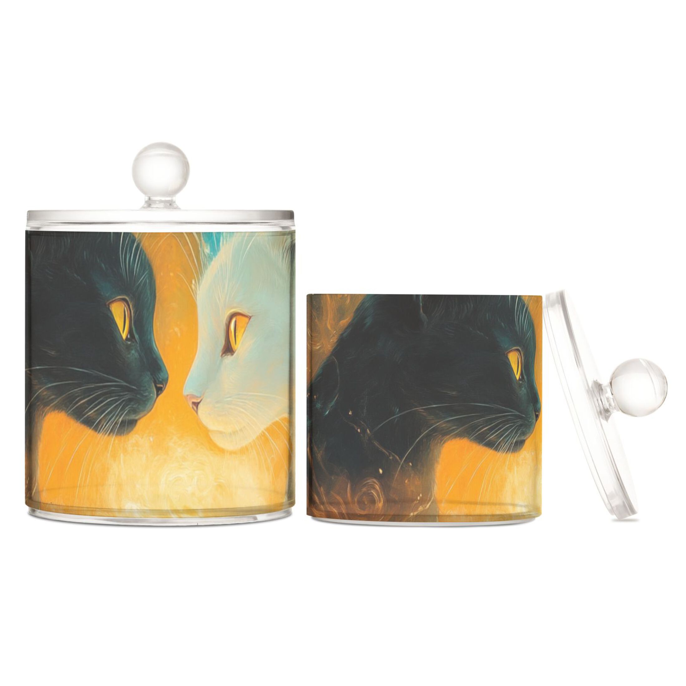 Black and White Cat Confront Translucent Plastic Cans Storage Canisters ...