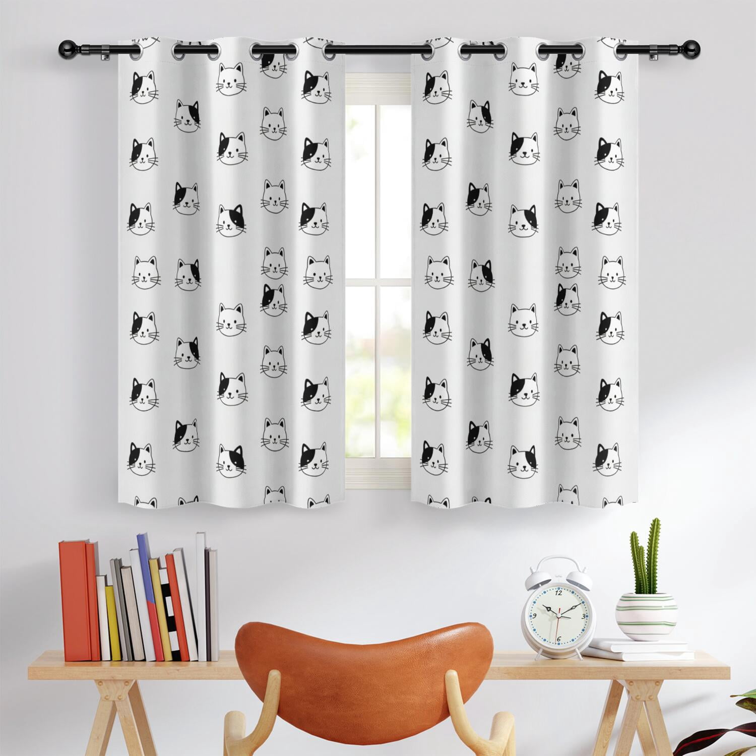 Black and White Cat Head Blackout Curtains,Triple Weaved Fabric,Thermal ...