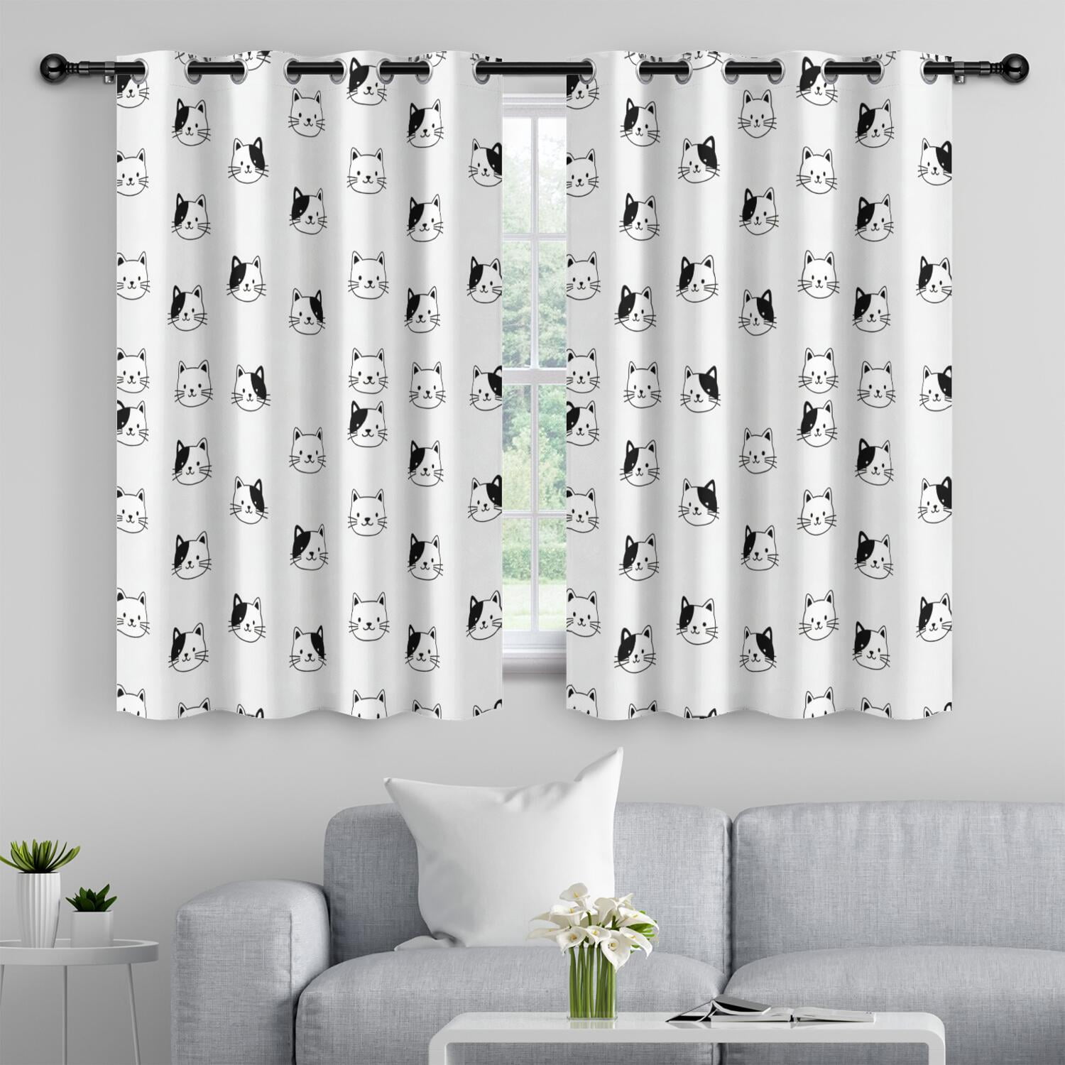 Black and White Cat Head Blackout Curtains,Triple Weaved Fabric,Thermal ...