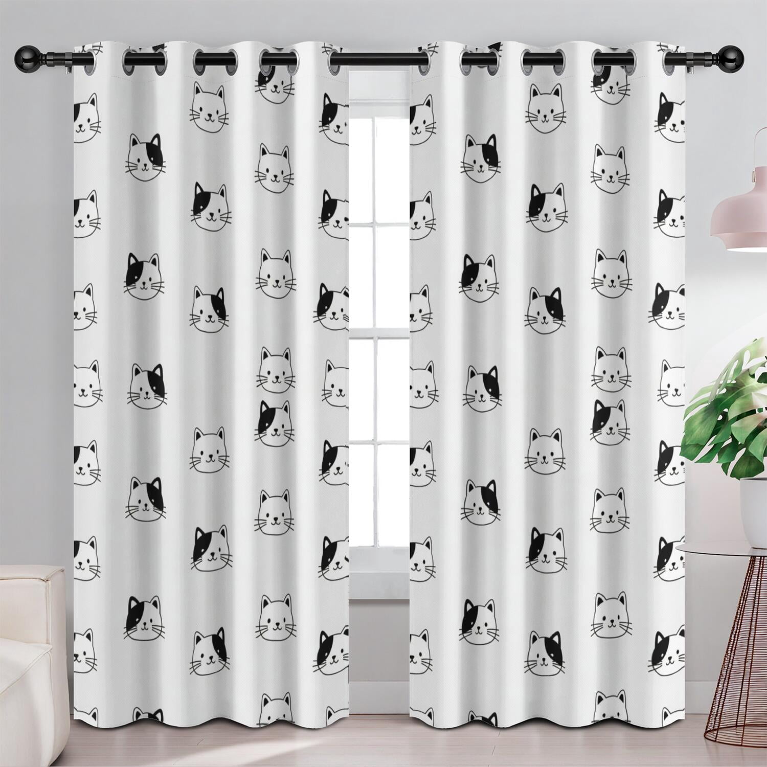 Black and White Cat Head Blackout Curtains,Triple Weaved Fabric,Thermal ...