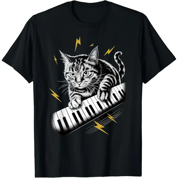 Black and White Cat Playing Piano Keys for Music Lovers Short Sleeve T ...