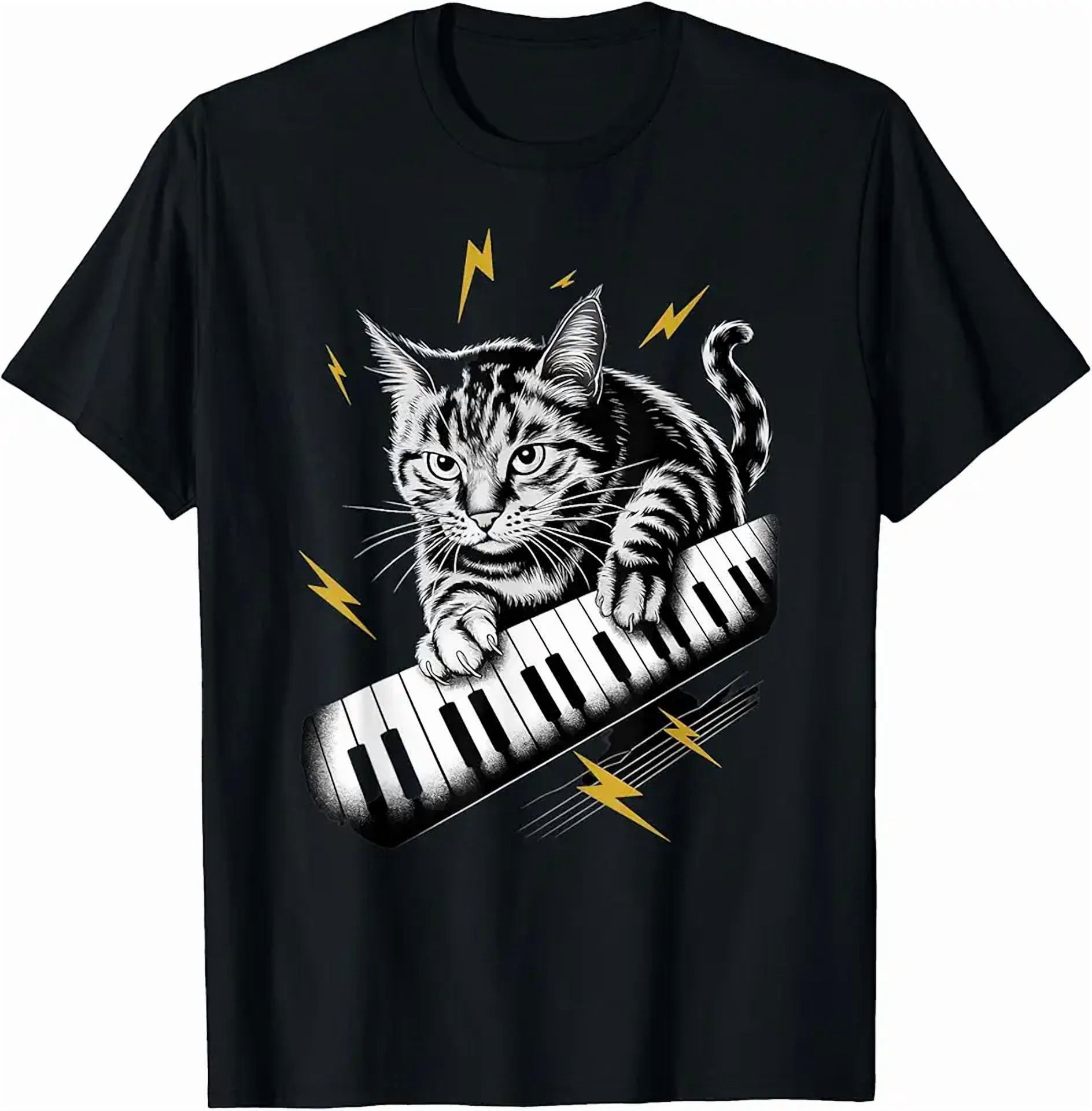 Black and White Cat Playing Piano Keys for Music Lovers Short Sleeve T ...