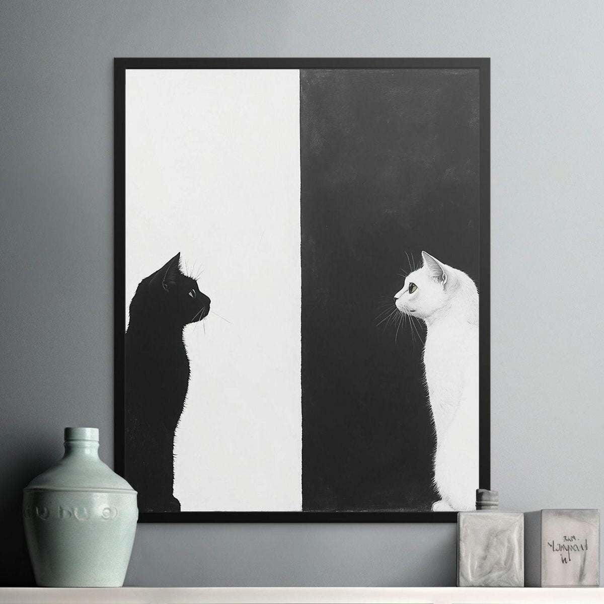 Black and White Cat Wall Art, Opposite Cats Wall Decor, Animal Lovers ...