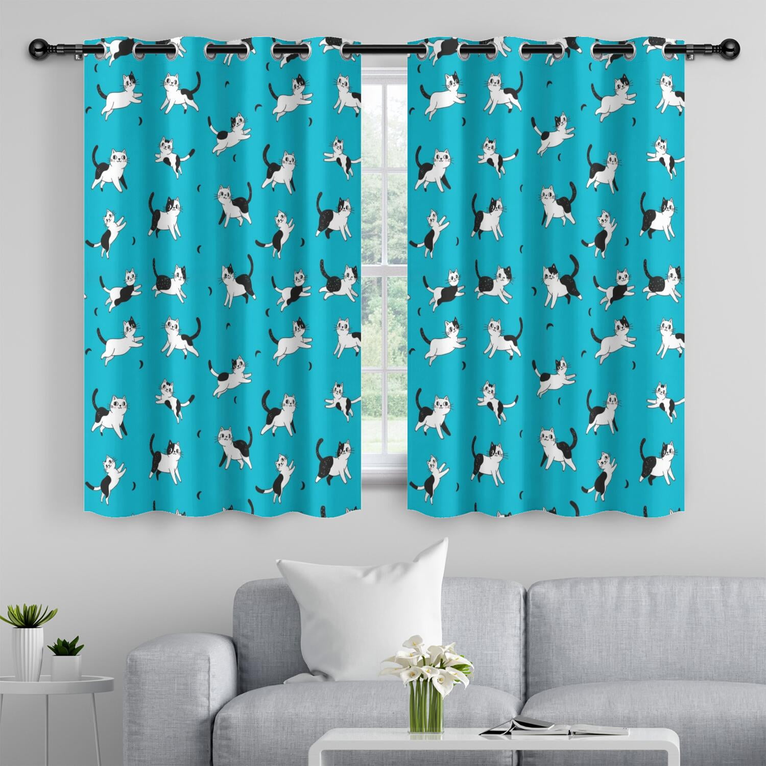 Black and White Cat and Moon Blackout Curtains,Triple Weaved Fabric ...
