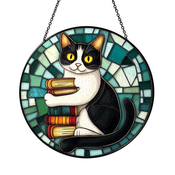 Black and White Cat with Books Stained Glass Suncatcher – Window Decor ...
