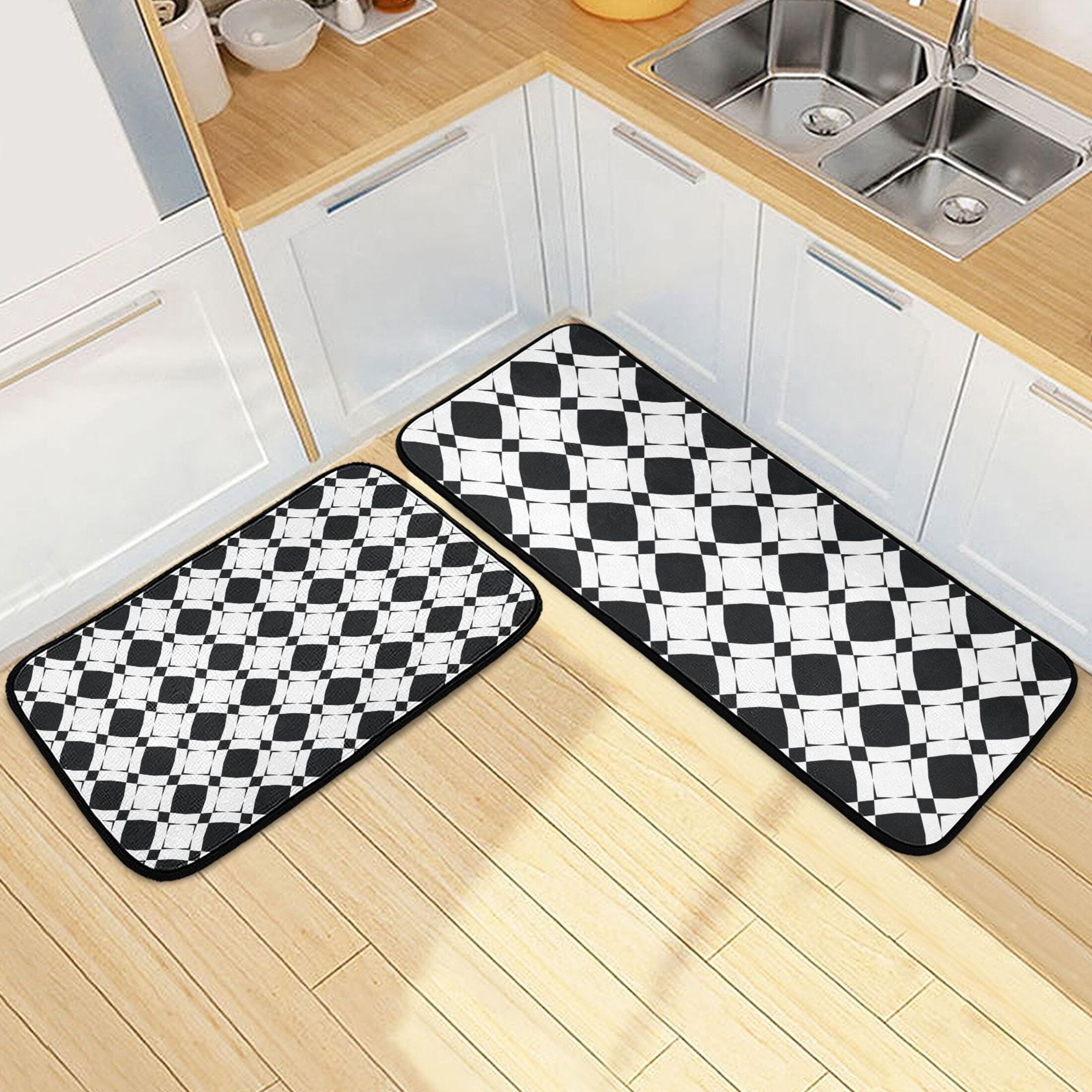 Black and White Checked Kitchen Rugs Set of 2 Non Slip Floor Foam Mat ...