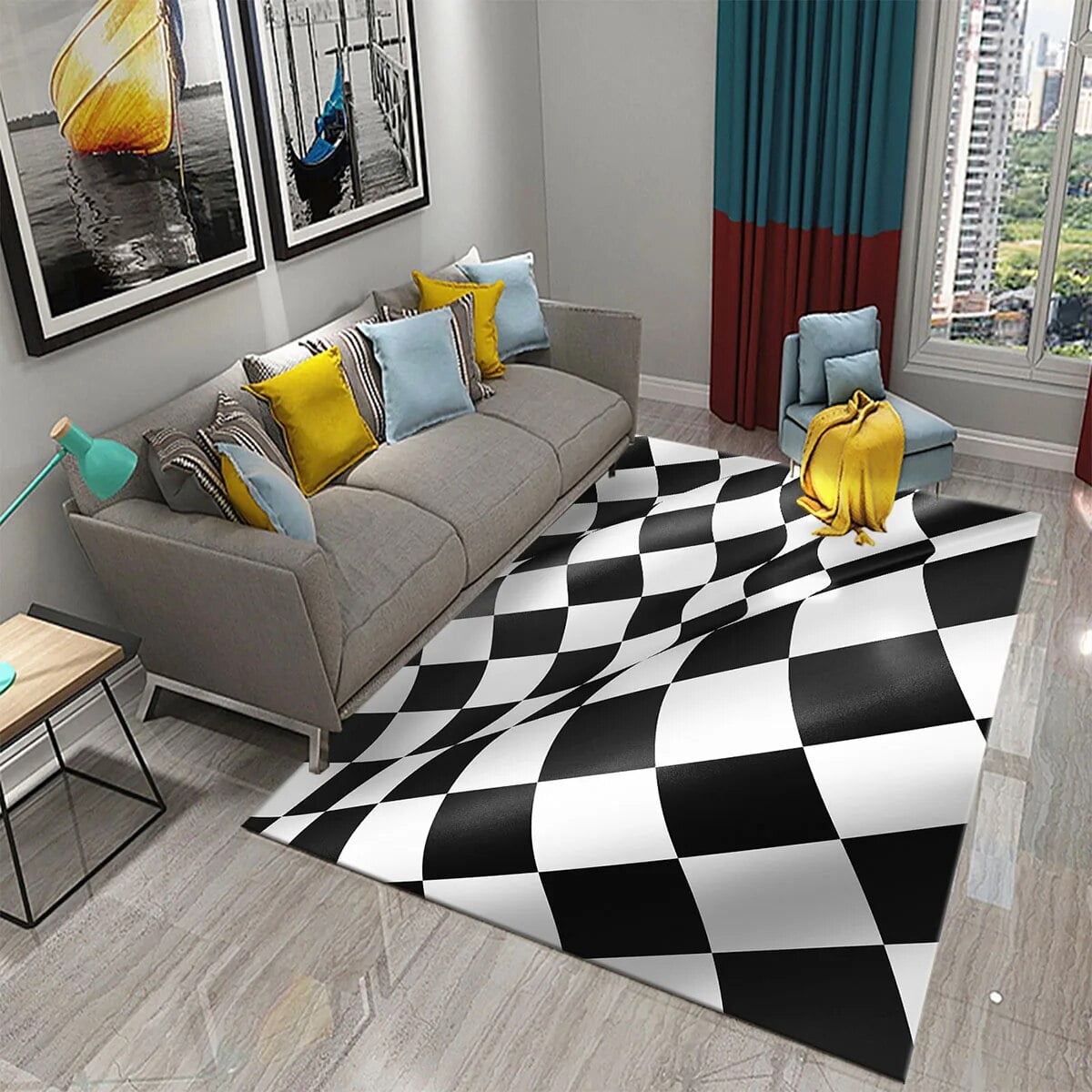 Black and White Checkerboard Plaid Carpet Moroccan Style Living Room ...