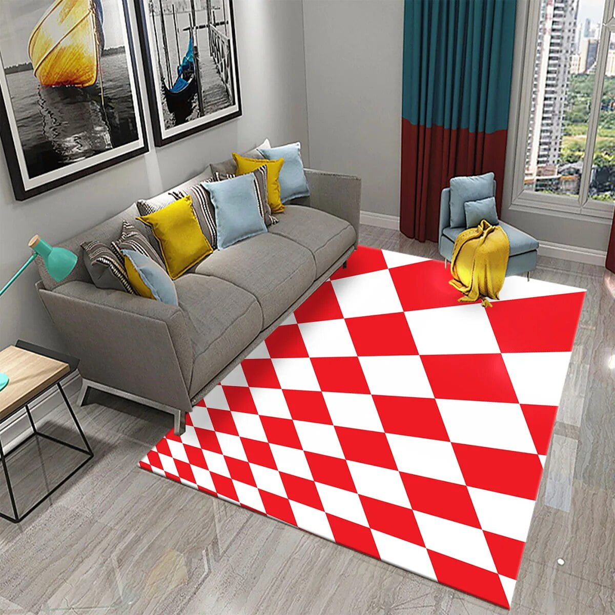 Black and White Checkerboard Plaid Carpet Moroccan Style Living Room ...