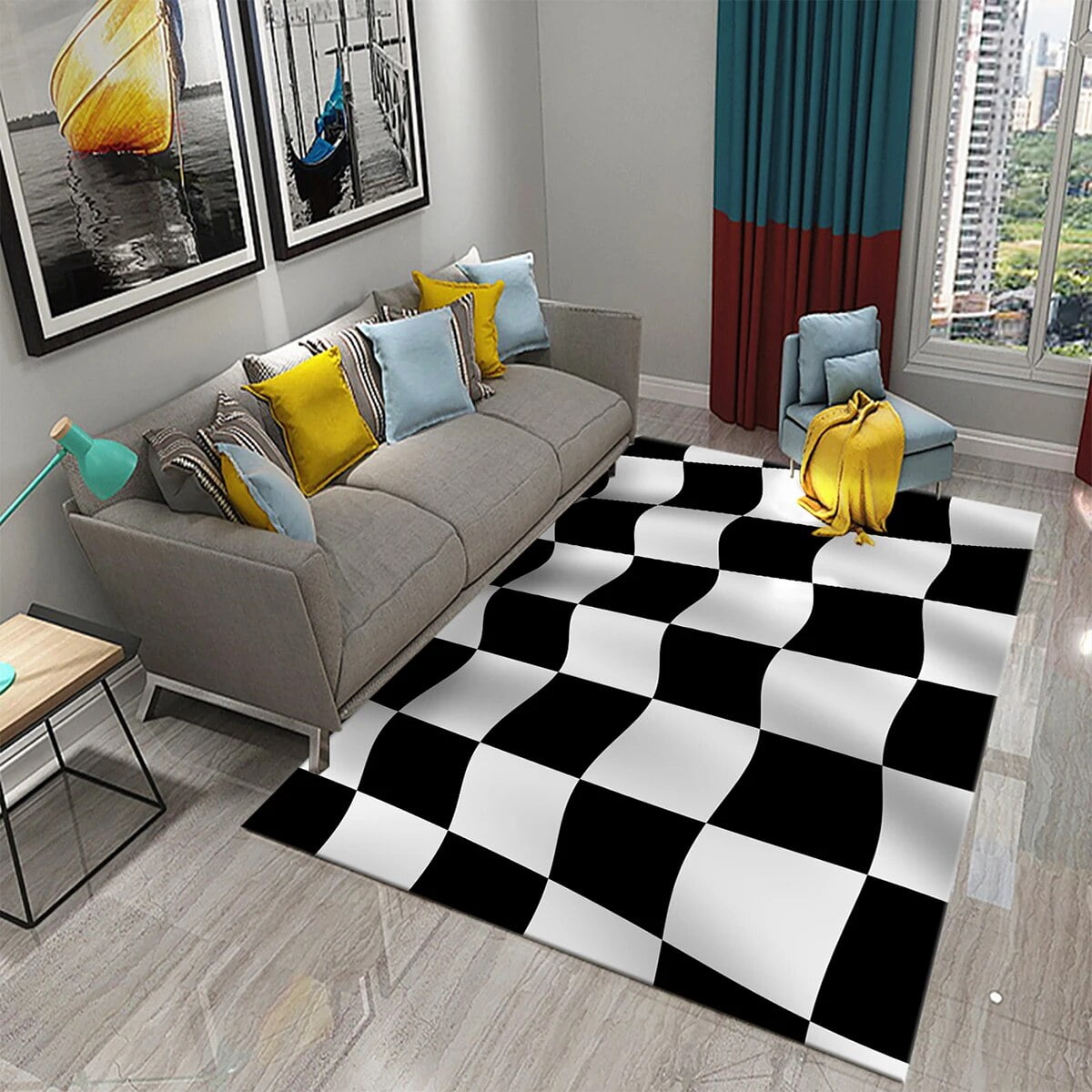 Black and White Checkerboard Plaid Carpet Moroccan Style Living Room ...
