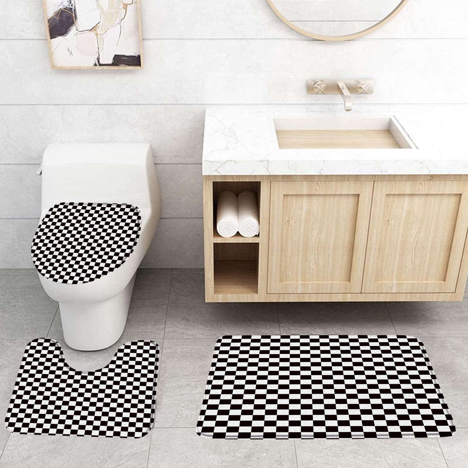 Black and White Checkered Bath Mat Set Creative Plaid Modern Minimalist ...