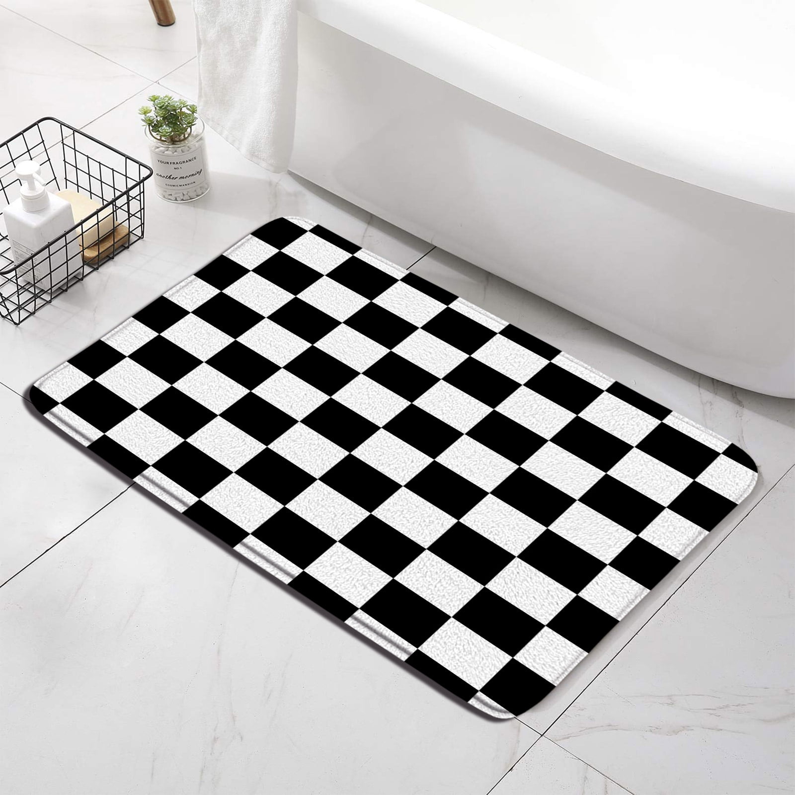Black and White Checkered Bath Mat Set Modern Minimalist Geometric ...