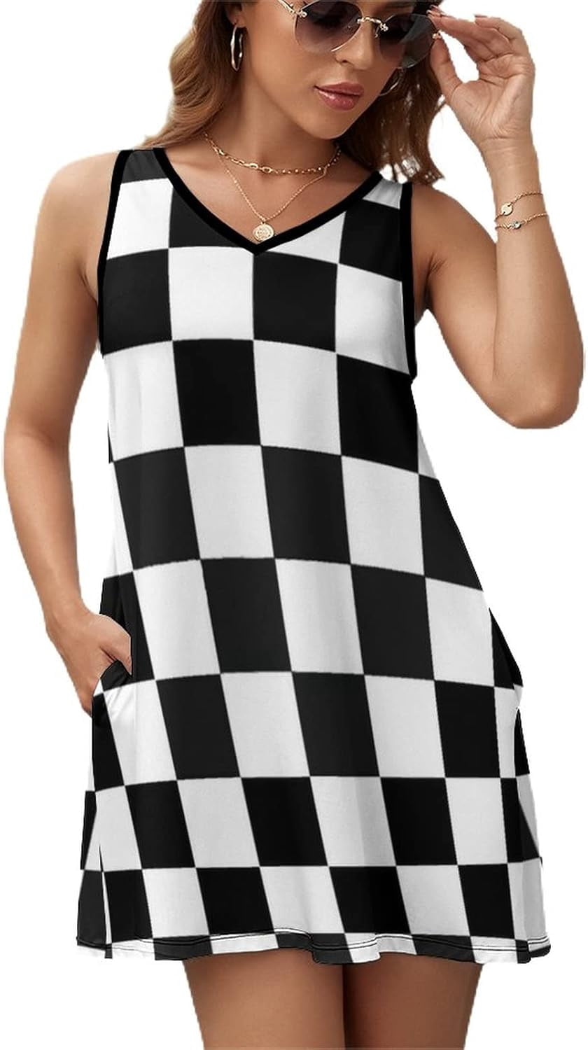 Black and White Checkered Flag Women's Dress Summer Crew Neck Casual ...