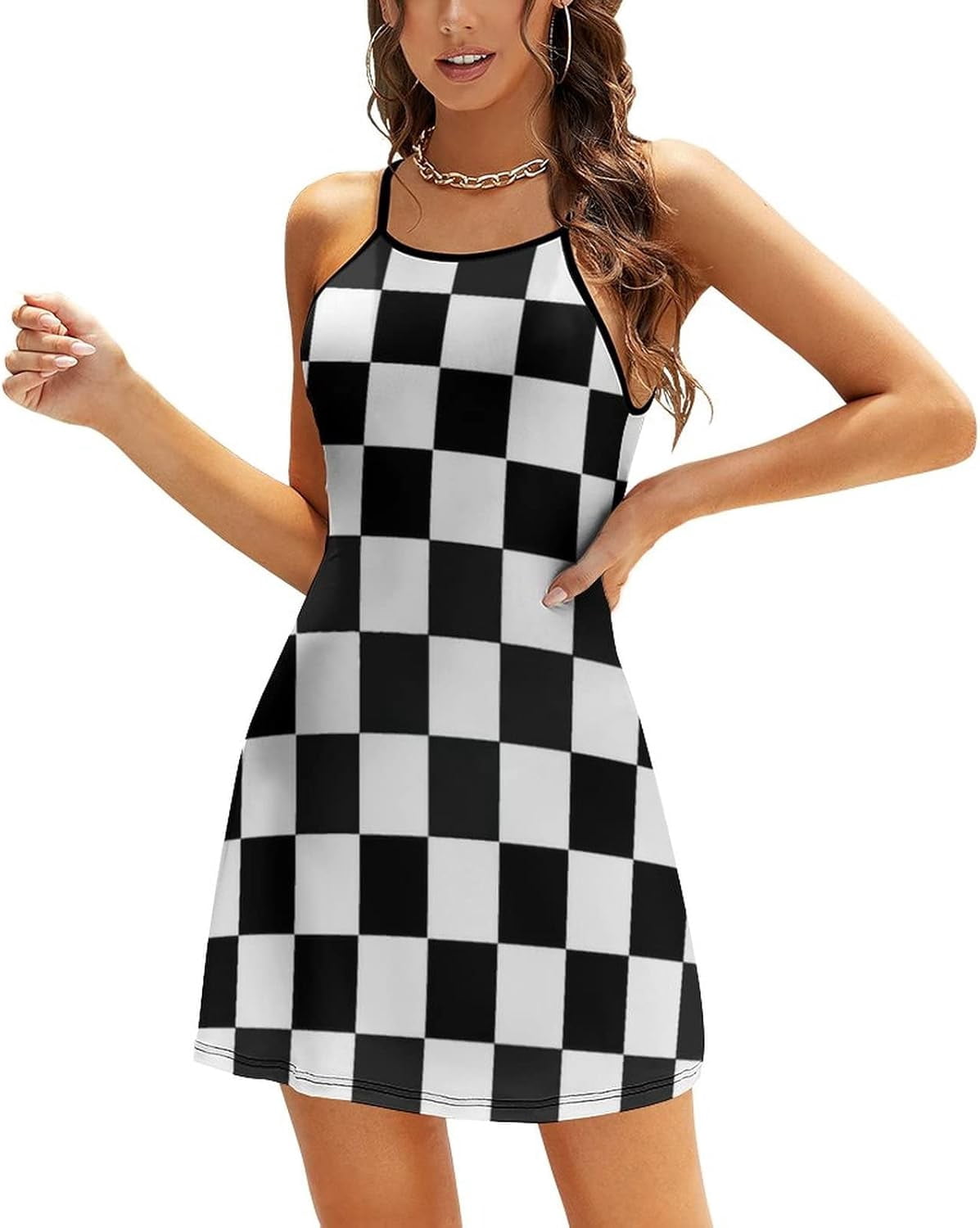 Black and White Checkered Flag Women's Dress Summer Crew Neck Casual ...