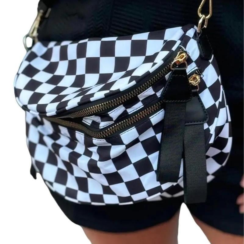 Black and White Checkered Nylon Bum Bag Plus Size Friendly Fanny Pack ...