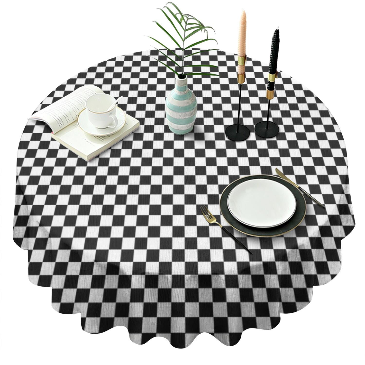 Black and White Checkered Pattern Round Tablecloth 60"x60",Wrinkle ...