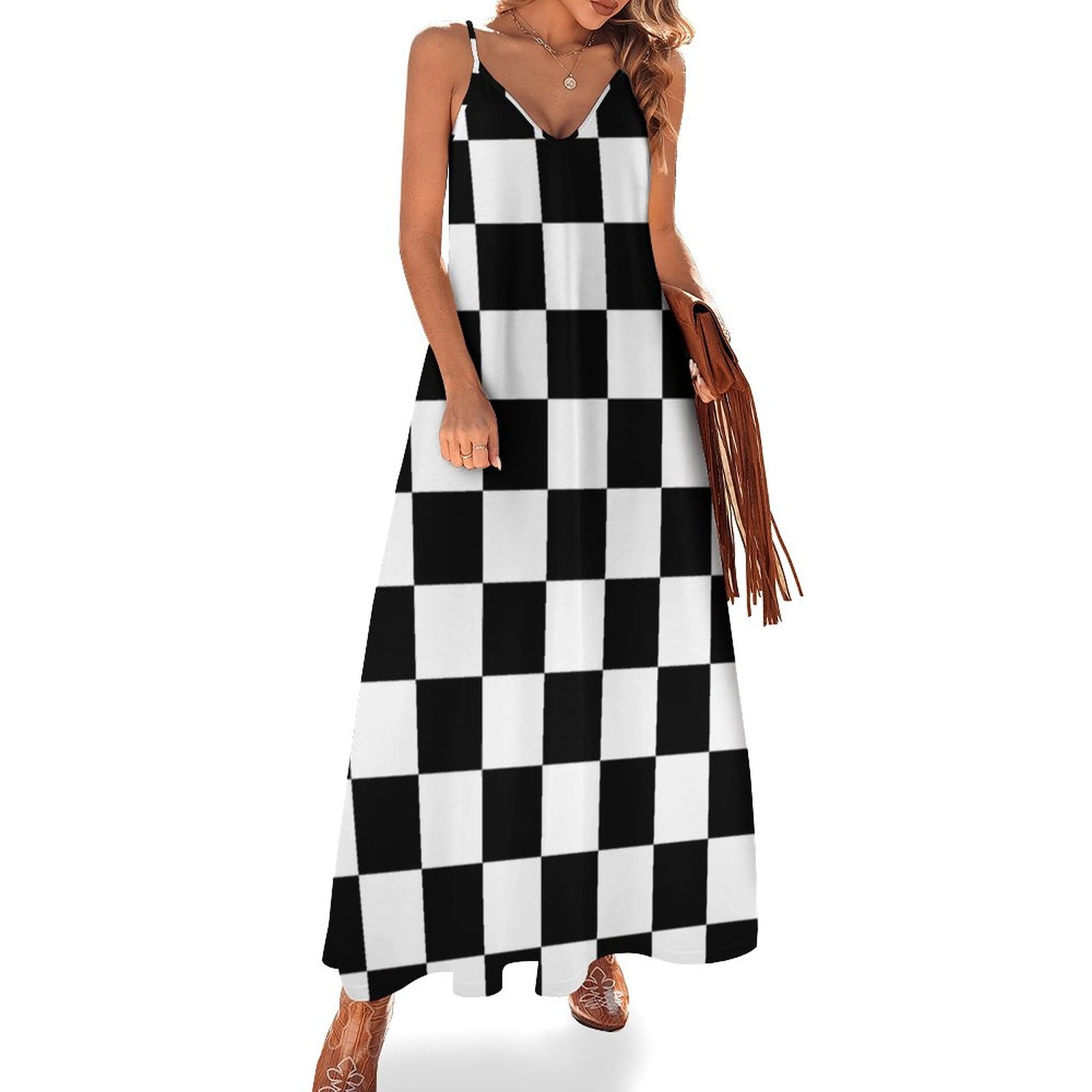 Black and White Checkered Pattern Sleeveless Dress dresses ladies 2025 ...