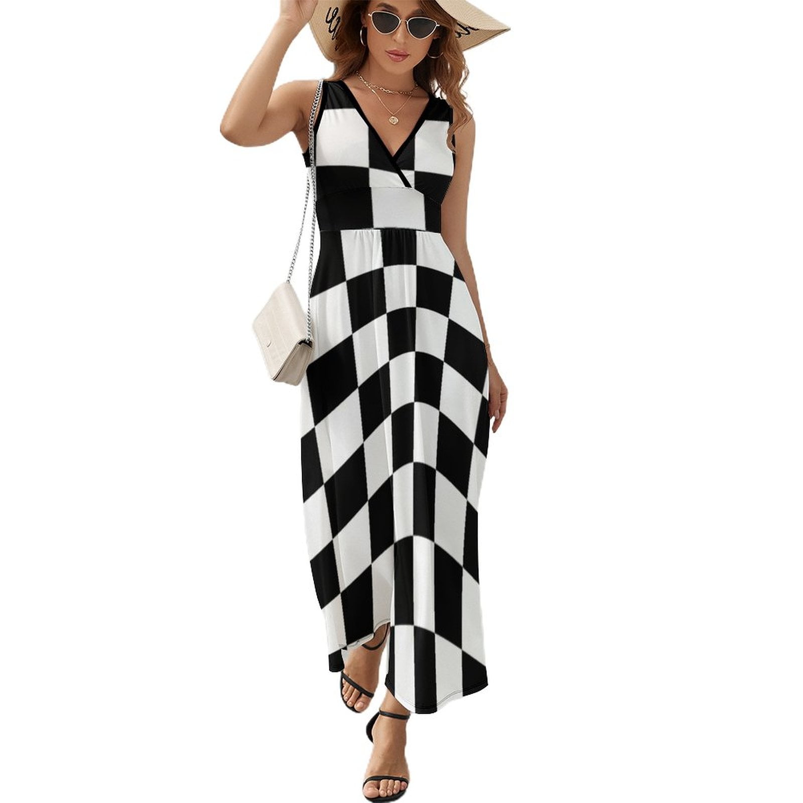 Black and White Checkered Pattern Sleeveless Dress festival outfit ...